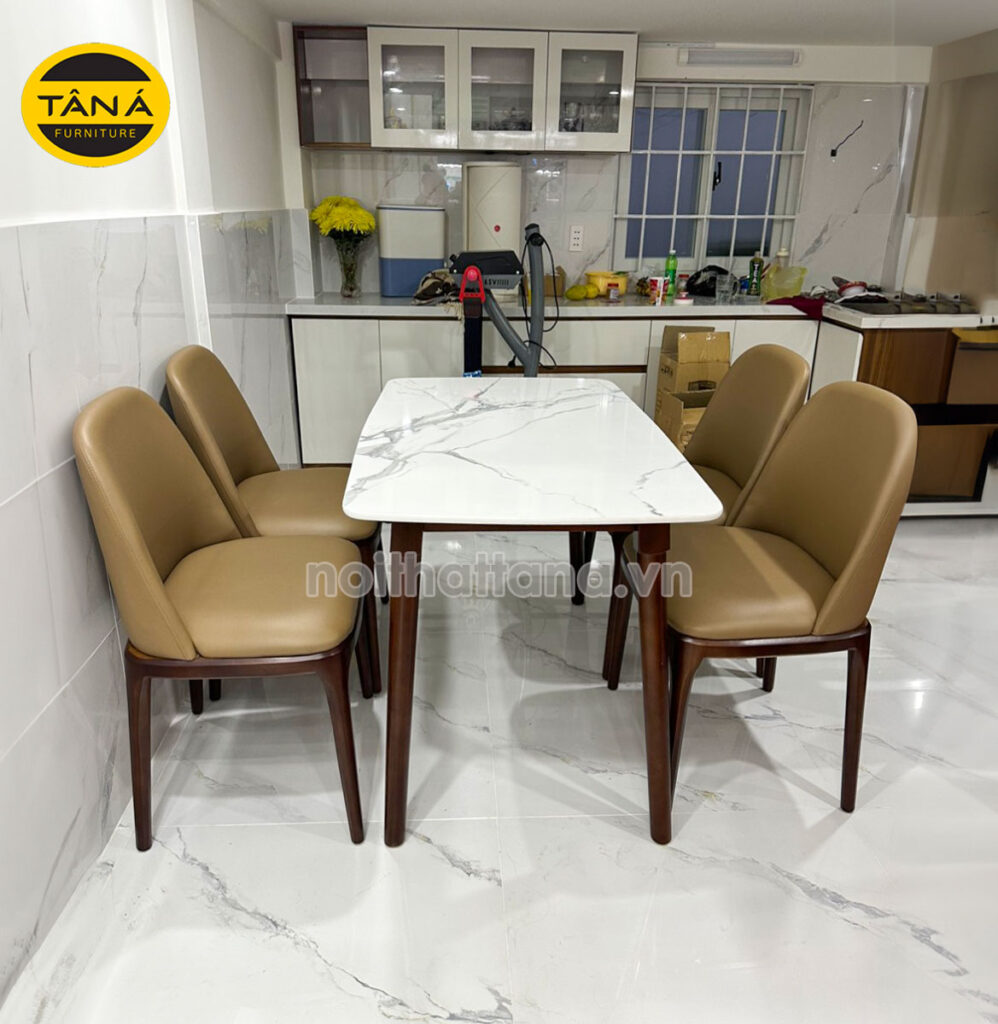 Mẫu bàn ăn mặt đá màu trắng vân mây siêu đẹp & sang trọng